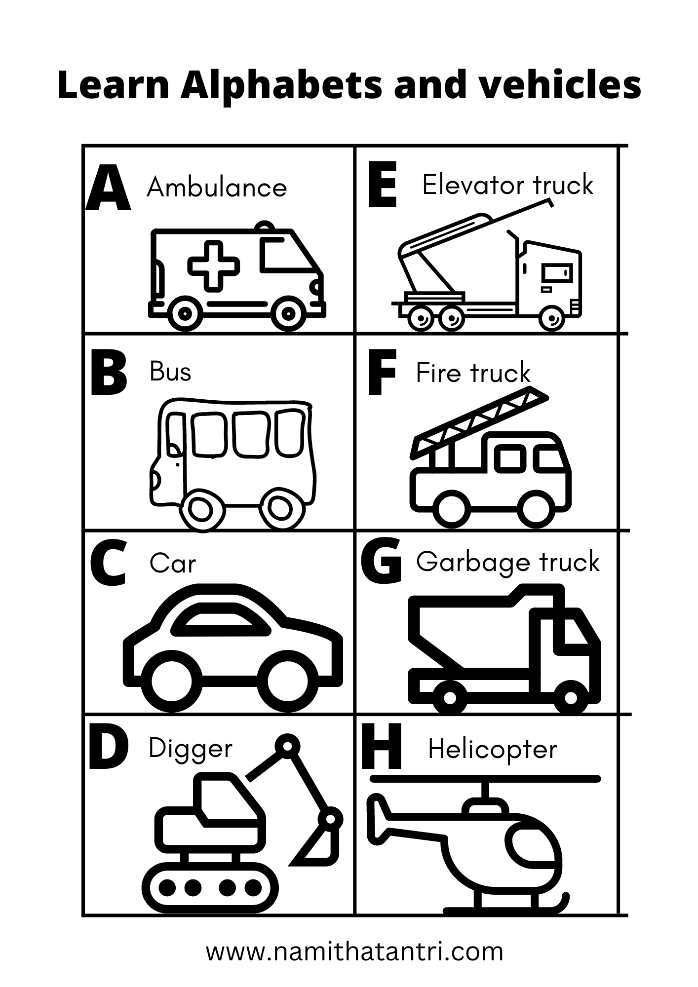 Free alphabet and vehicle printable worksheet – Namitha tantri
